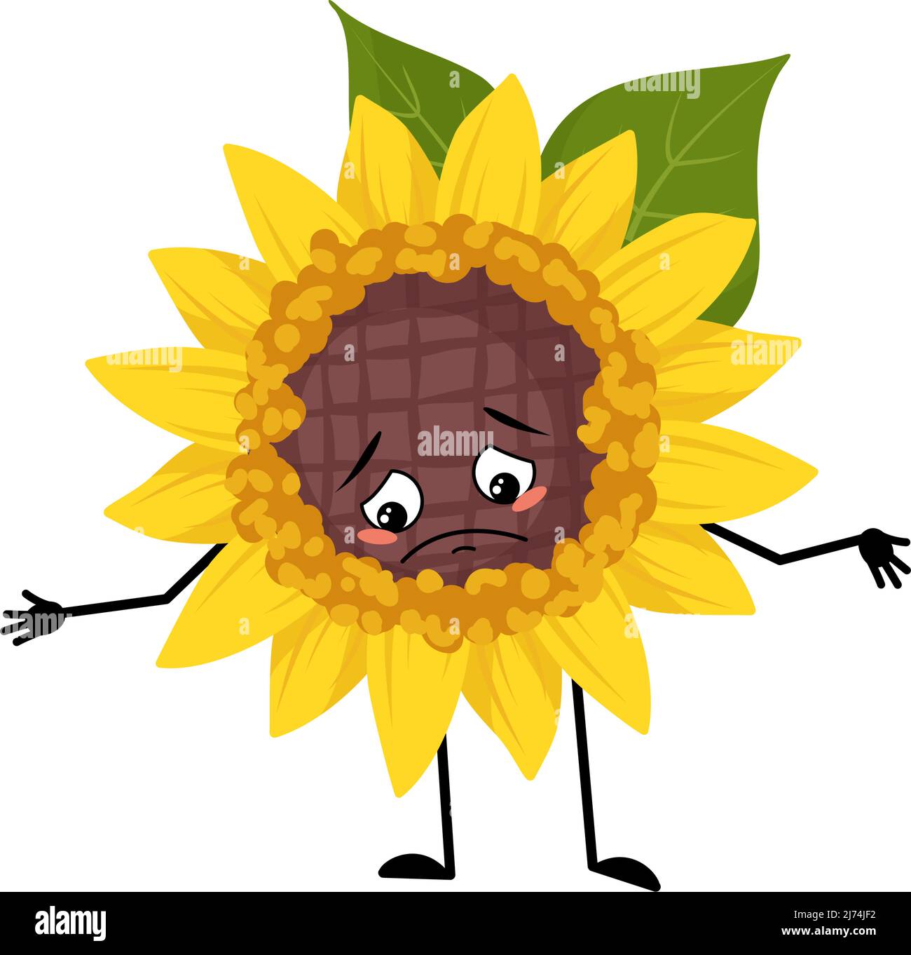 Sunflower character with sad emotions, depressed face, down eyes, arms ...