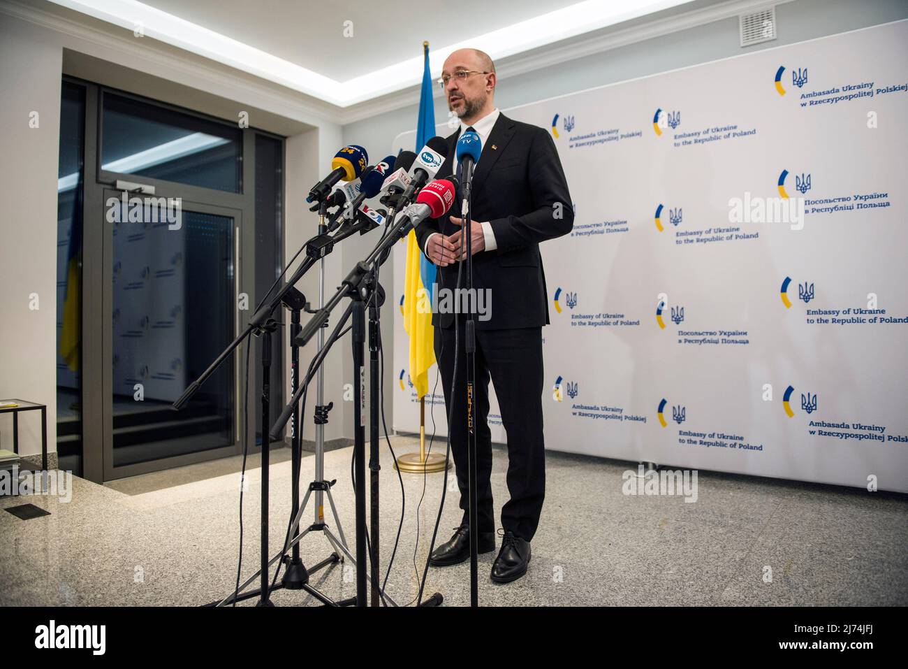 Prime Minister of Ukraine Denys Shmyhal delivers his speech during a ...