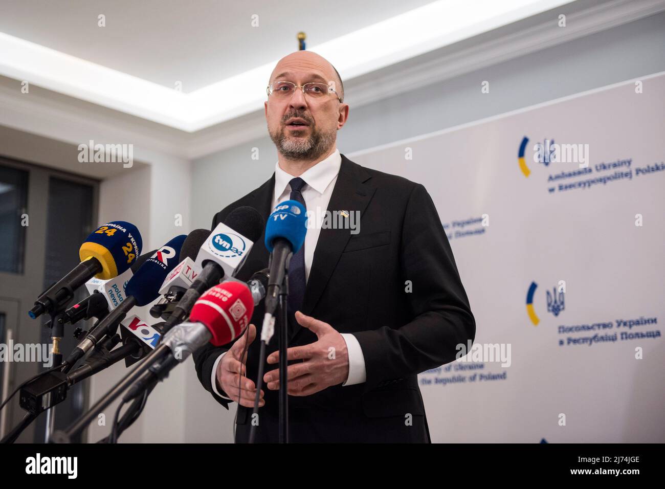 Prime Minister of Ukraine Denys Shmyhal delivers his speech during a ...