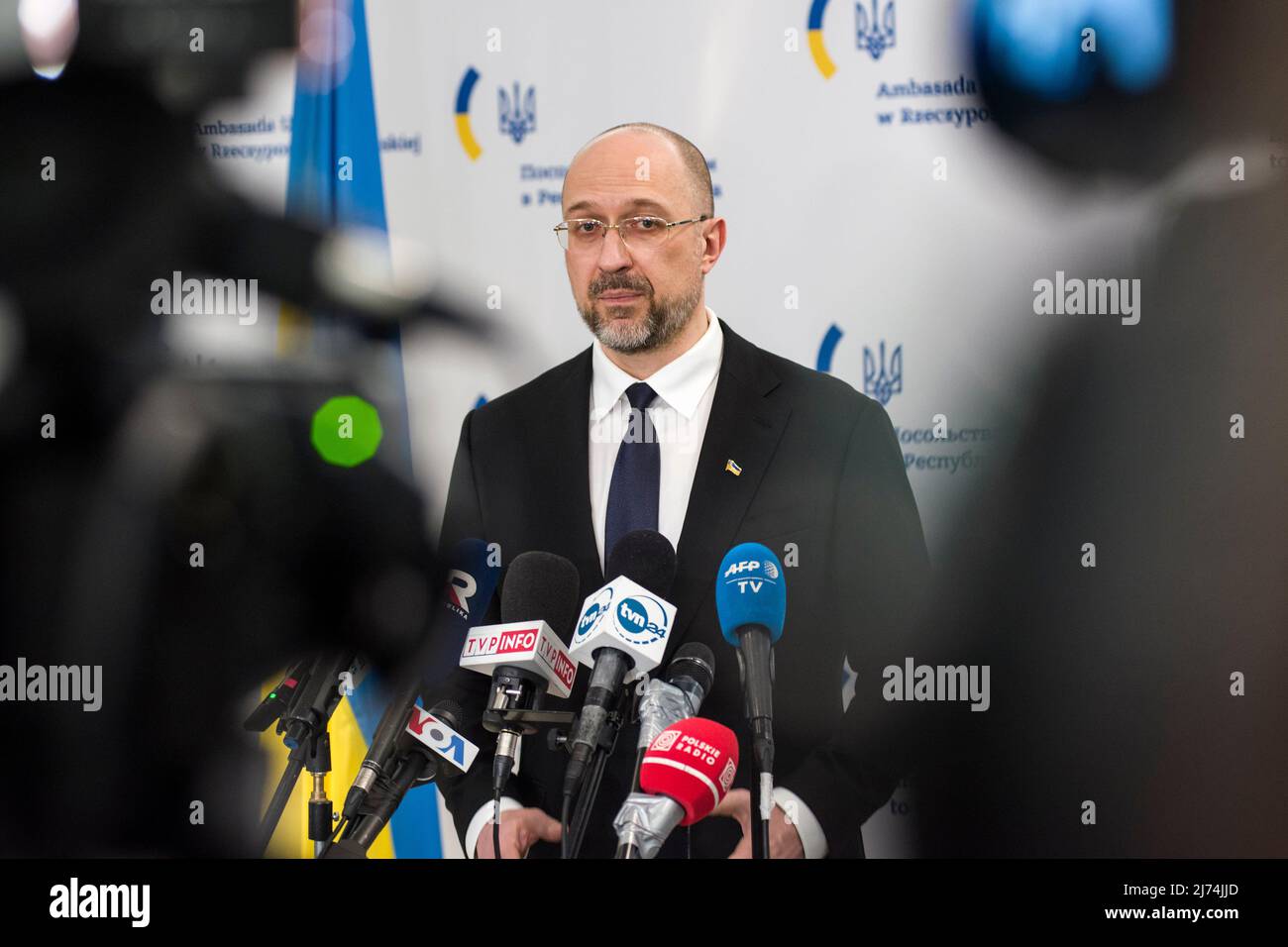 Prime Minister of Ukraine Denys Shmyhal attends a press conference at ...