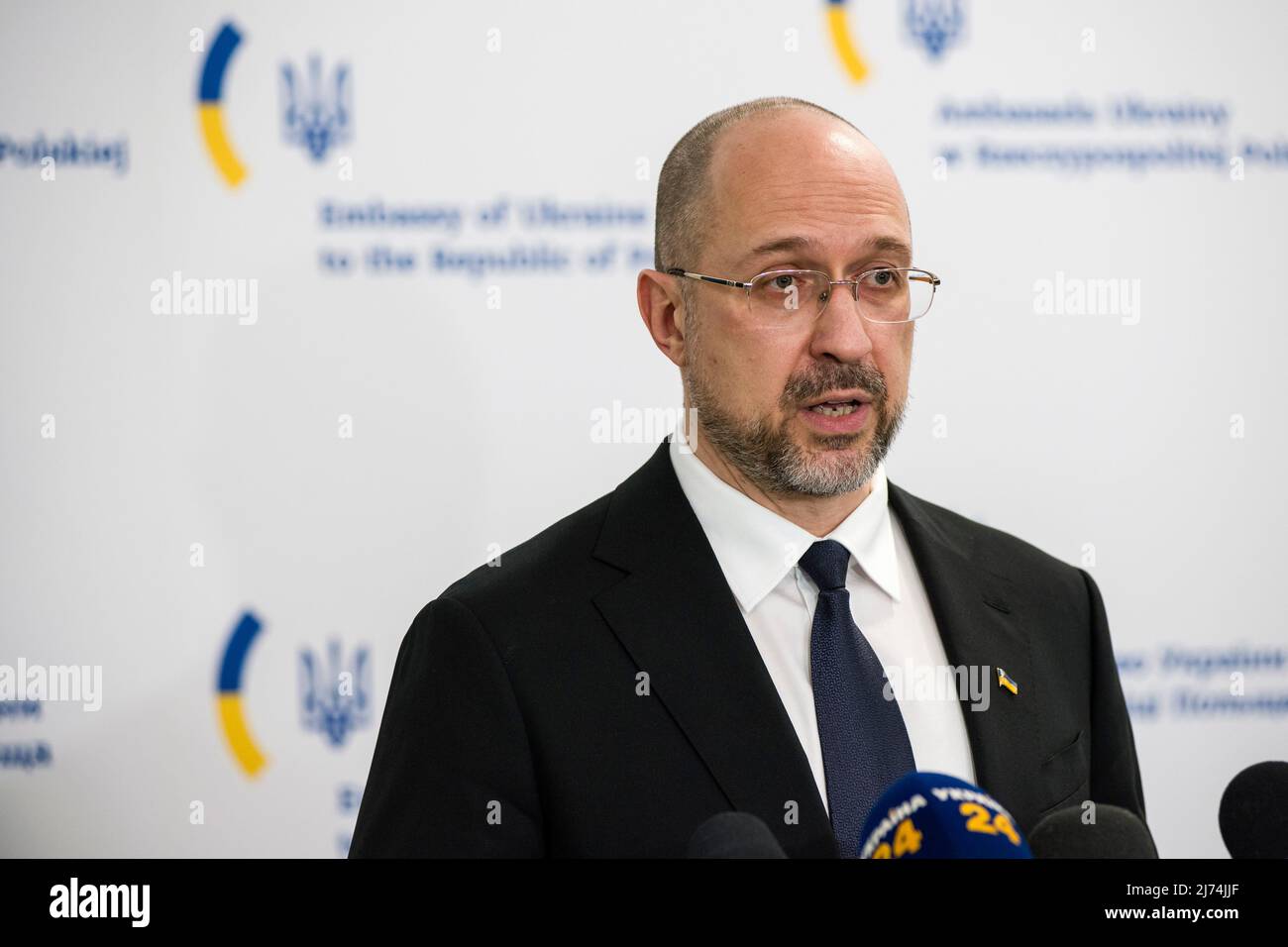Prime Minister of Ukraine Denys Shmyhal attends a press conference at ...