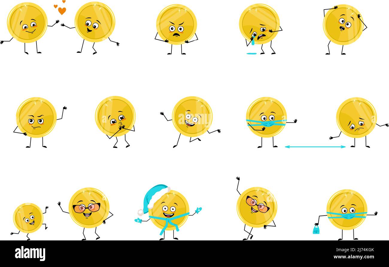 Set of cute golden coin character with happy or sad emotions, panic ...