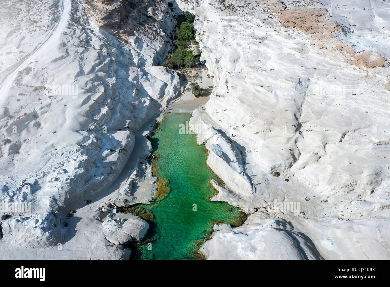 Aerial view of the beautiful Sarakiniko Beach, Milos island Stock Photo ...