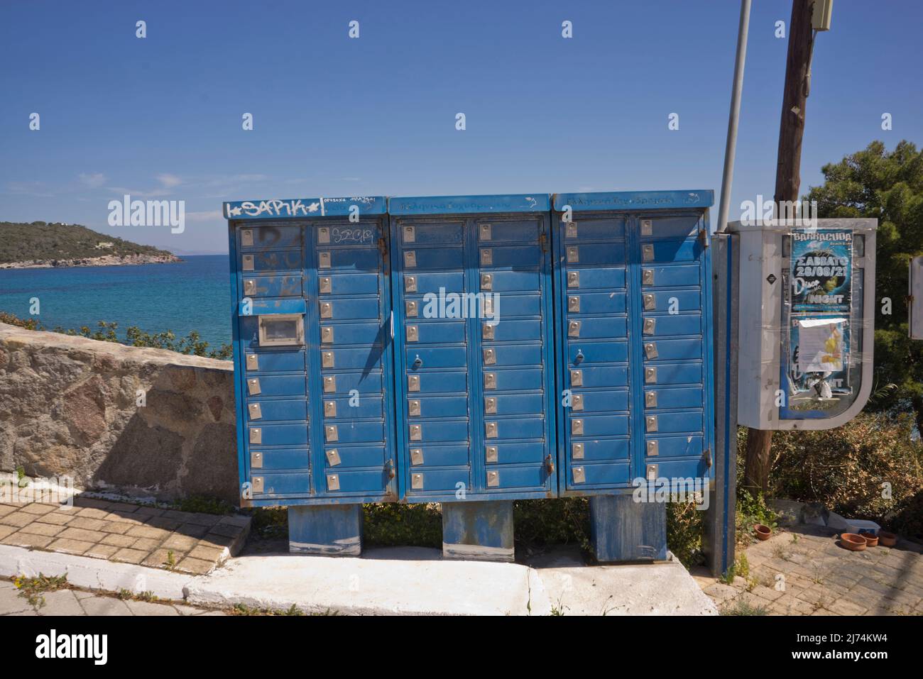 Post boxes by the beach in Agia Marina in the island of Aegina,Greece ...