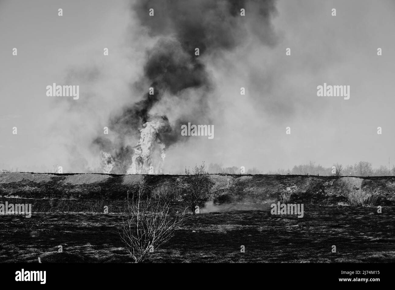 Black smoke and flames on the background burnt field with grass in ...