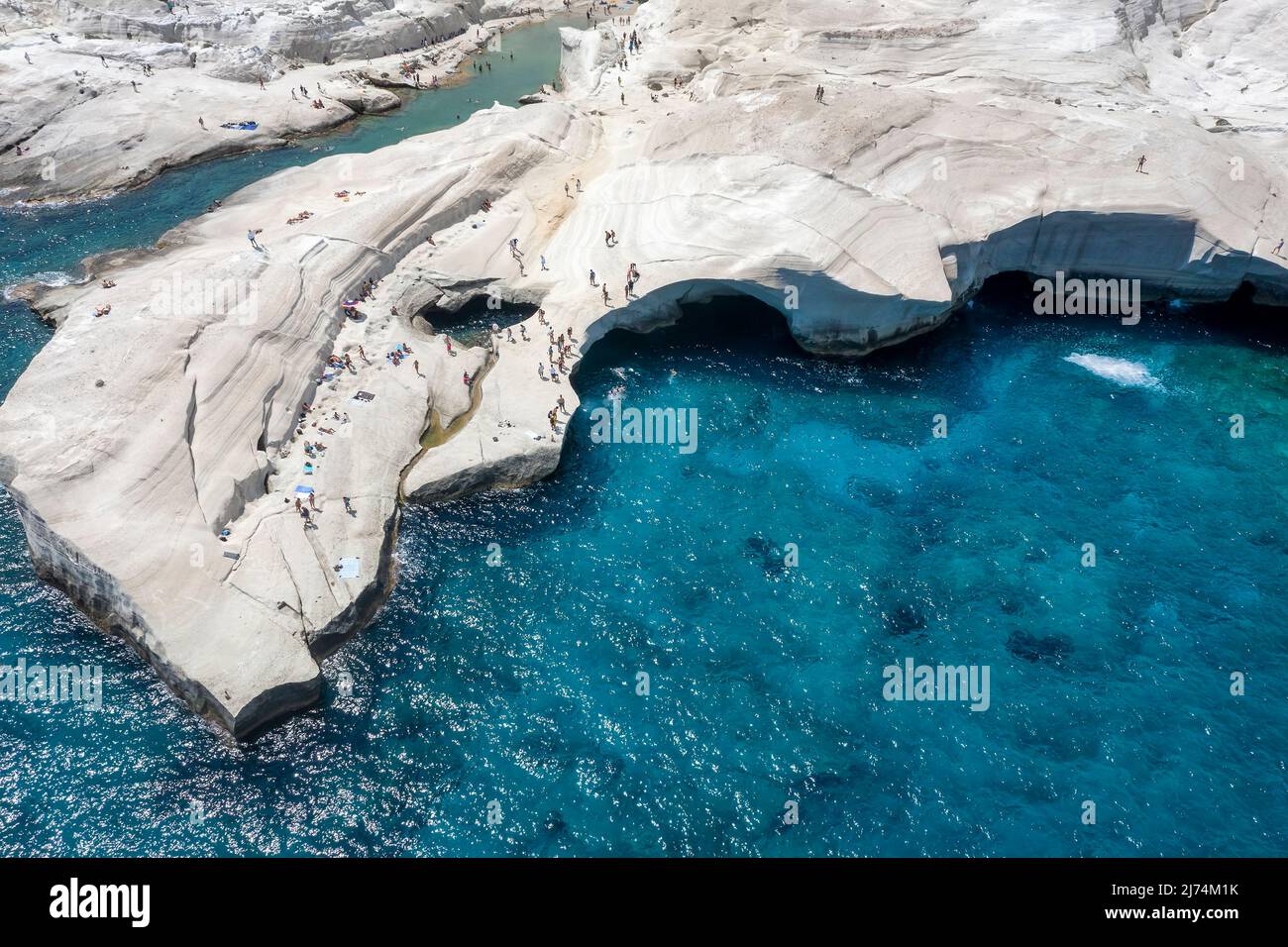 Aerial view of the chalk rock formations of Sarakiniko, Milos island ...