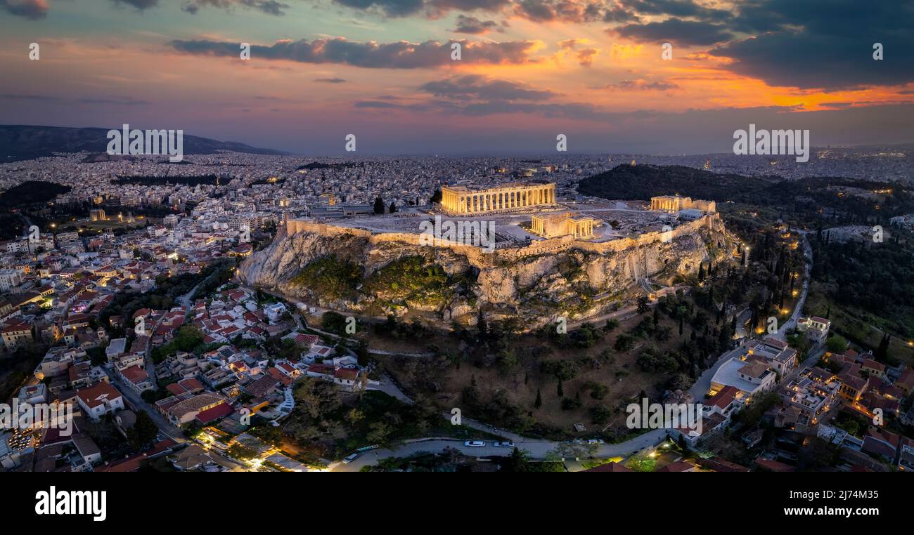 Elevated, panoramic view of the illuminated Acropolis of Athens Stock ...