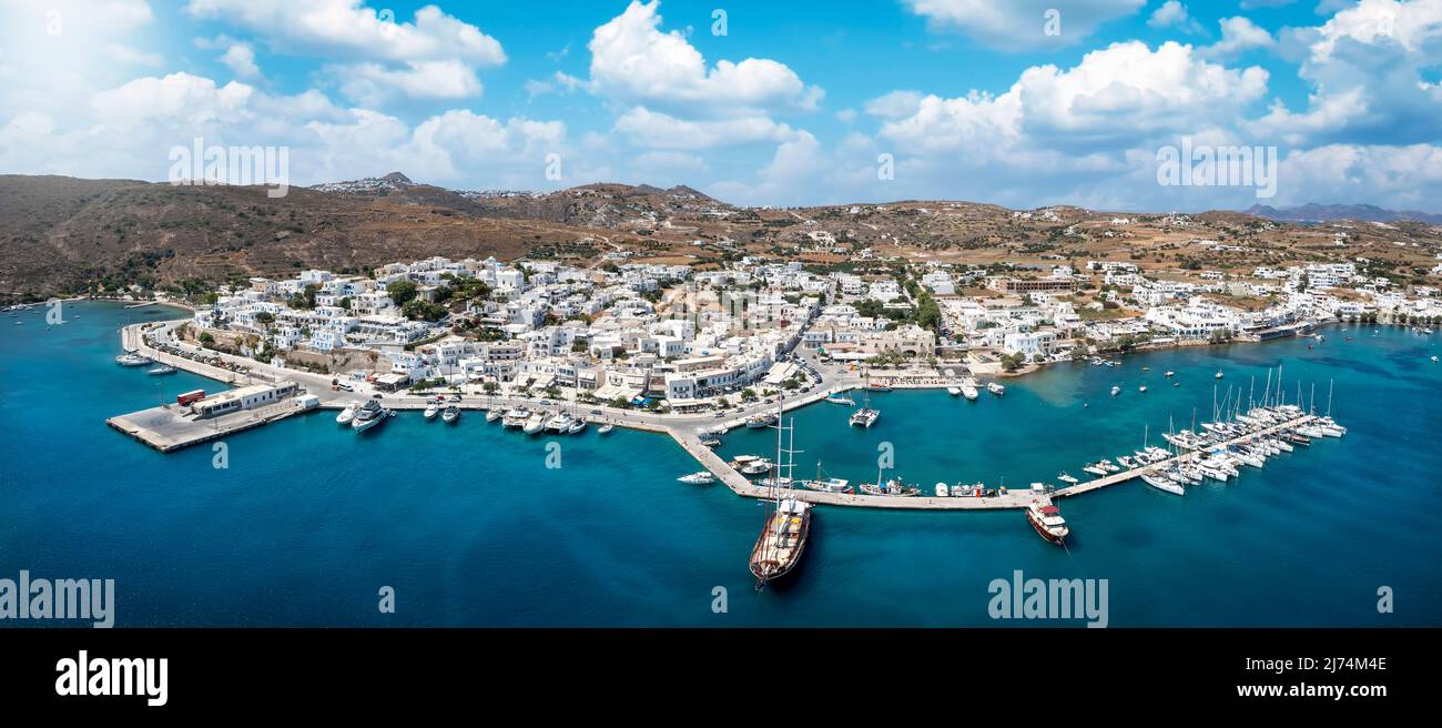 Panoramic aerial view of Adamas town, the port of Milos island Stock ...