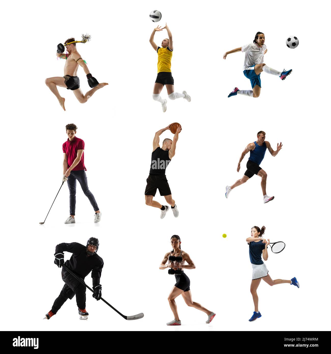 Sport collage. Tennis, running, soccer and american football ...