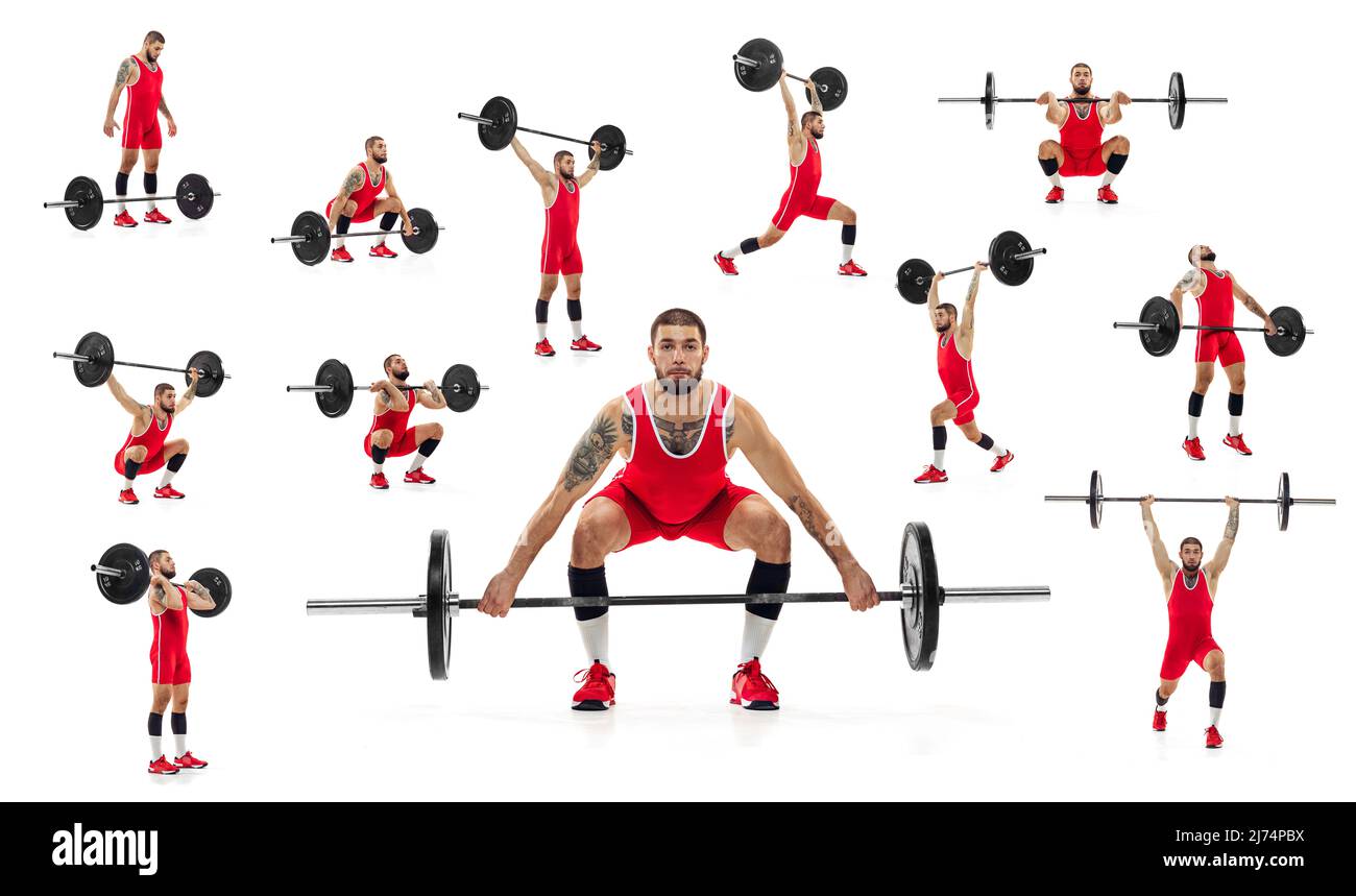 Set of portraits of sportive man, weightlifter training, lifting heavy ...