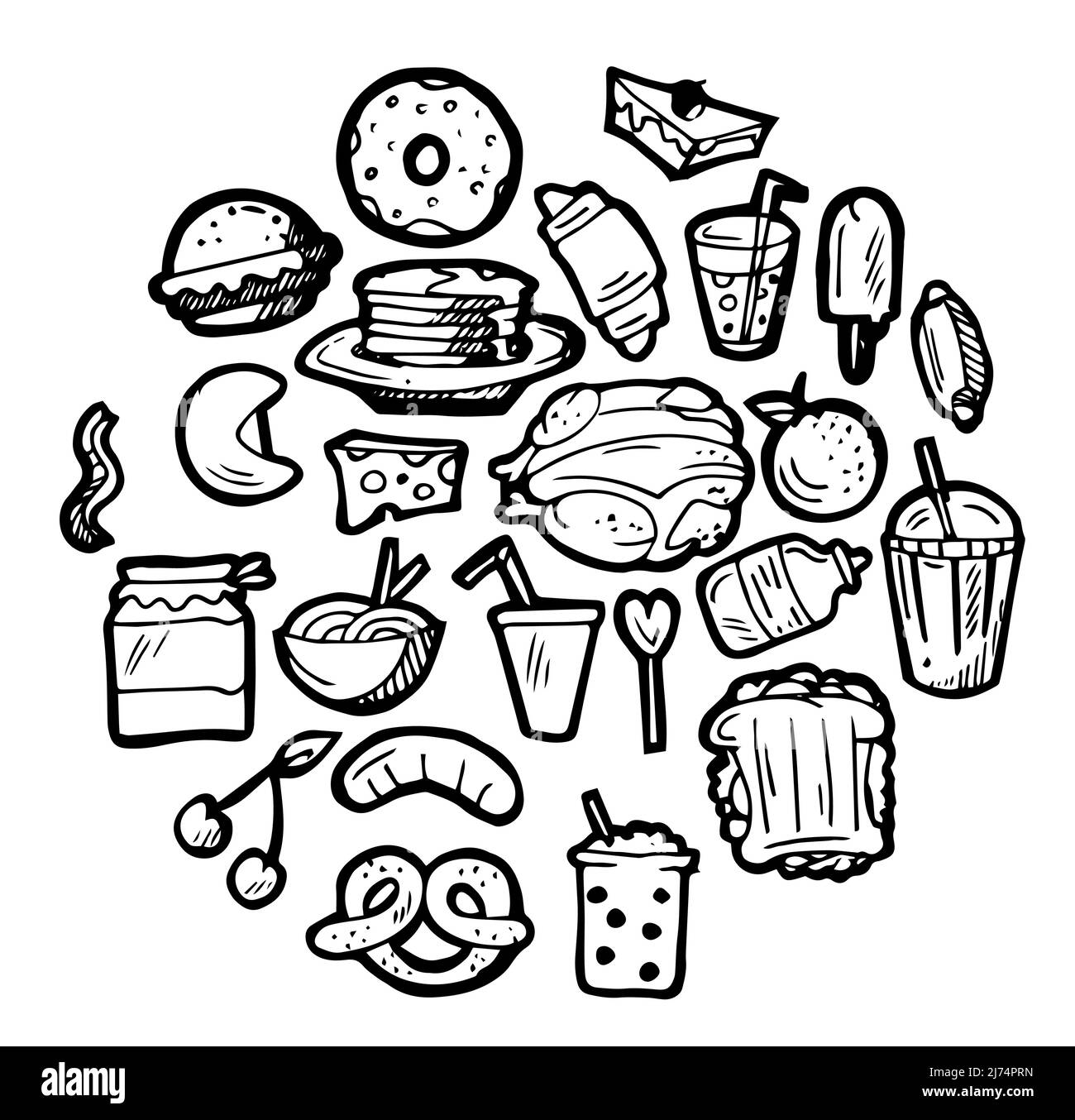 Set of food in form of ellipse. Baking buns and meat dishes. Hand ...