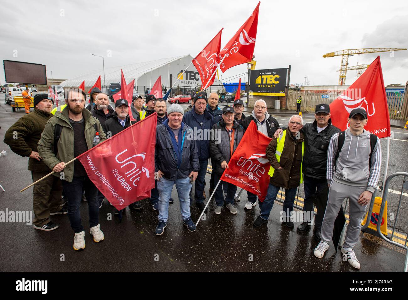 Members of UNITE Union protest outside Titanic Exhibition Centre in ...