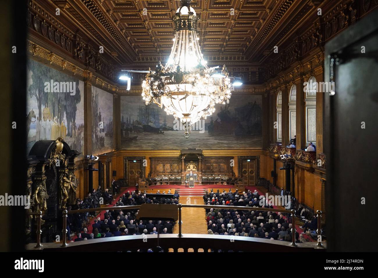 06 May 2022, Hamburg: German Chancellor Olaf Scholz (SPD) speaks during ...