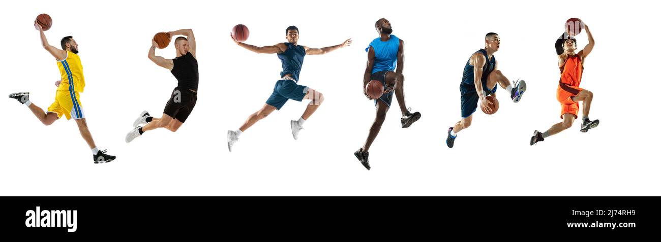 Set of dynamic portraits of professional basketball players jumping ...