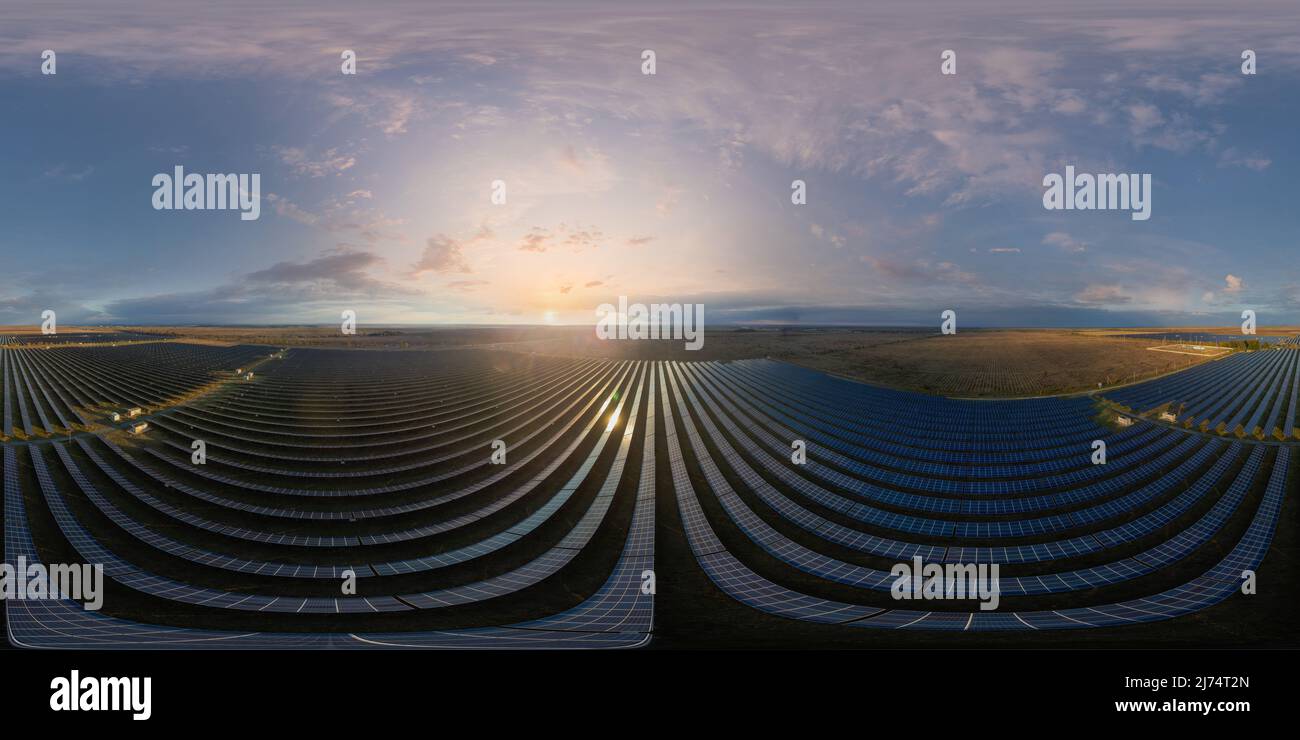 Aerial panorama over solar panels power plant. Photovoltaic solar ...