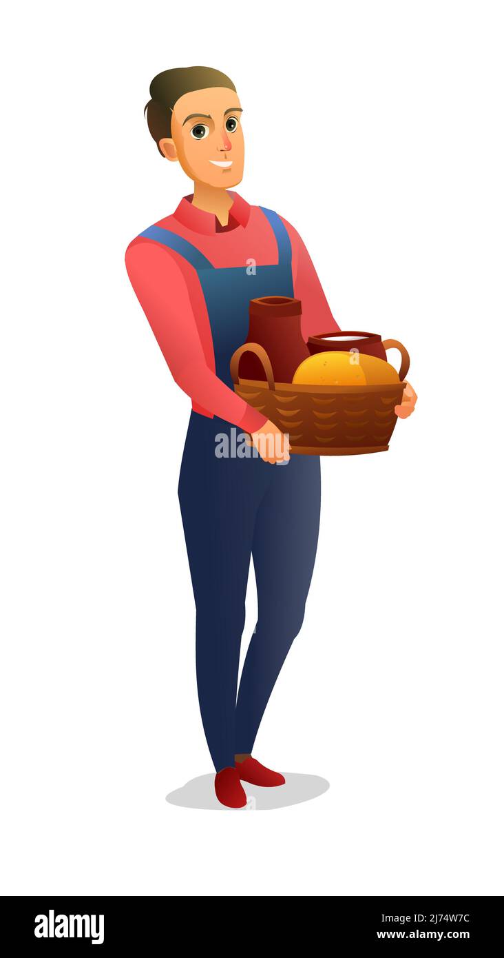 Boy farmer with a basket. Rural pasture view. Farm milk and dairy ...