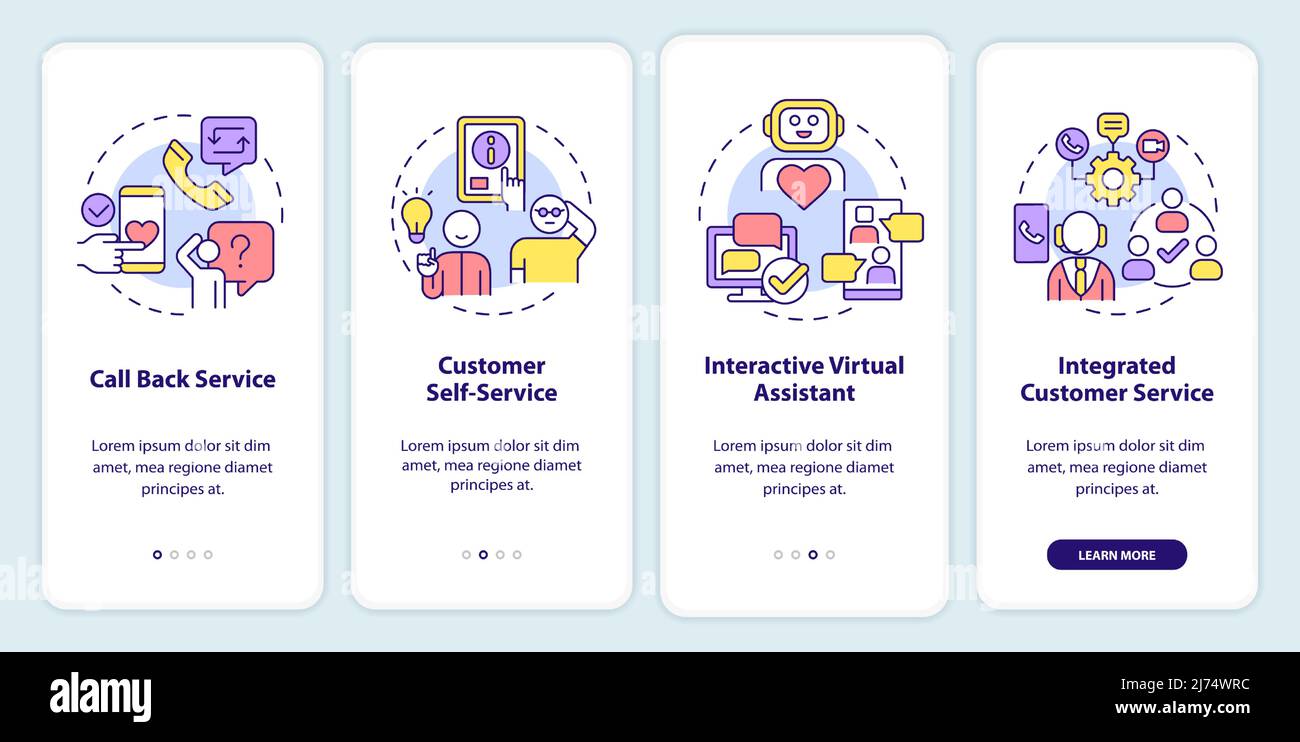 Types Of Customer Service Onboarding Mobile App Screen Stock Vector
