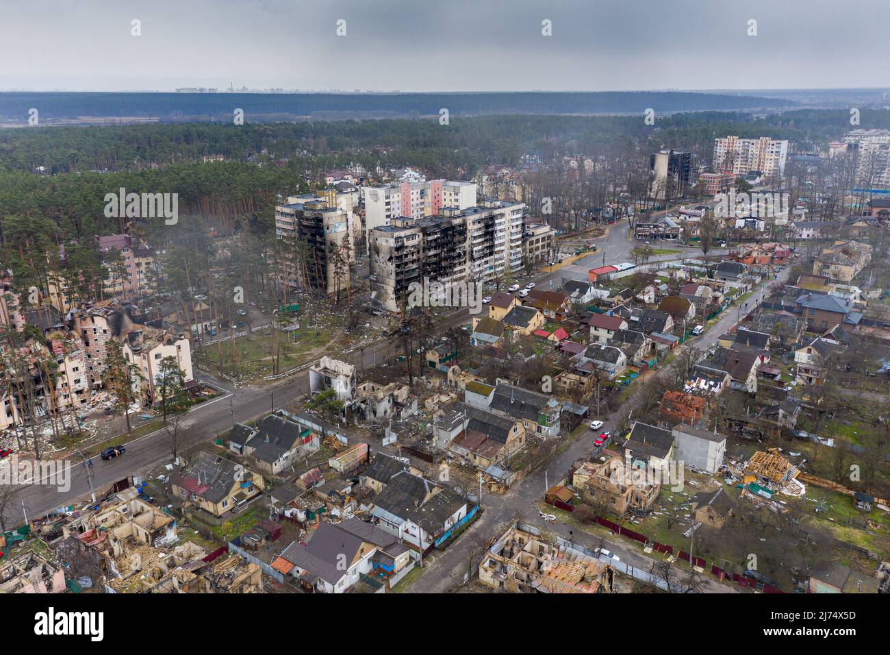 The aerial view of the destroyed and burnt buildings. The buildings ...