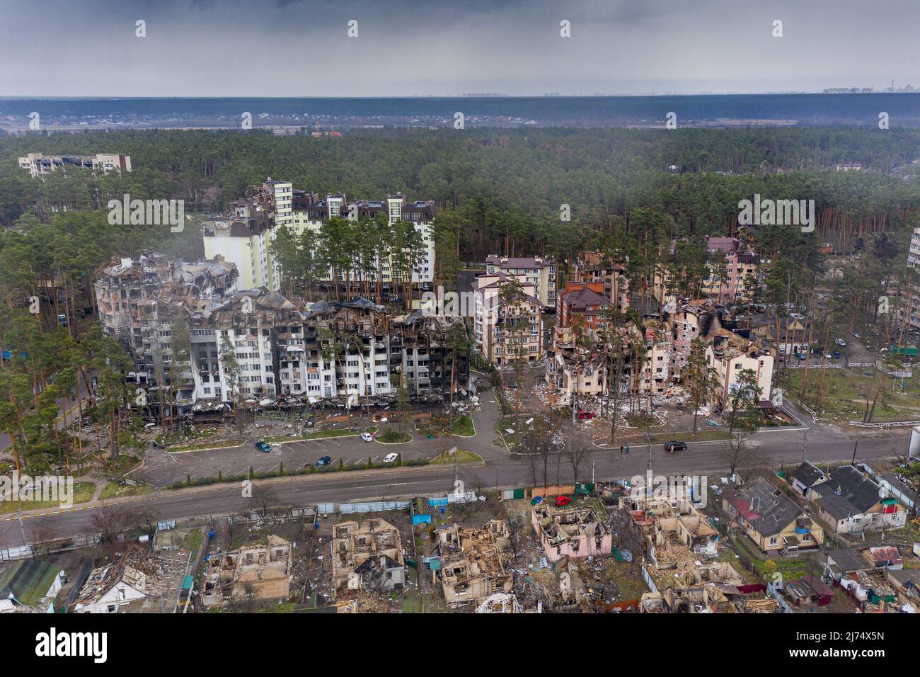 The aerial view of the destroyed and burnt buildings. The buildings ...