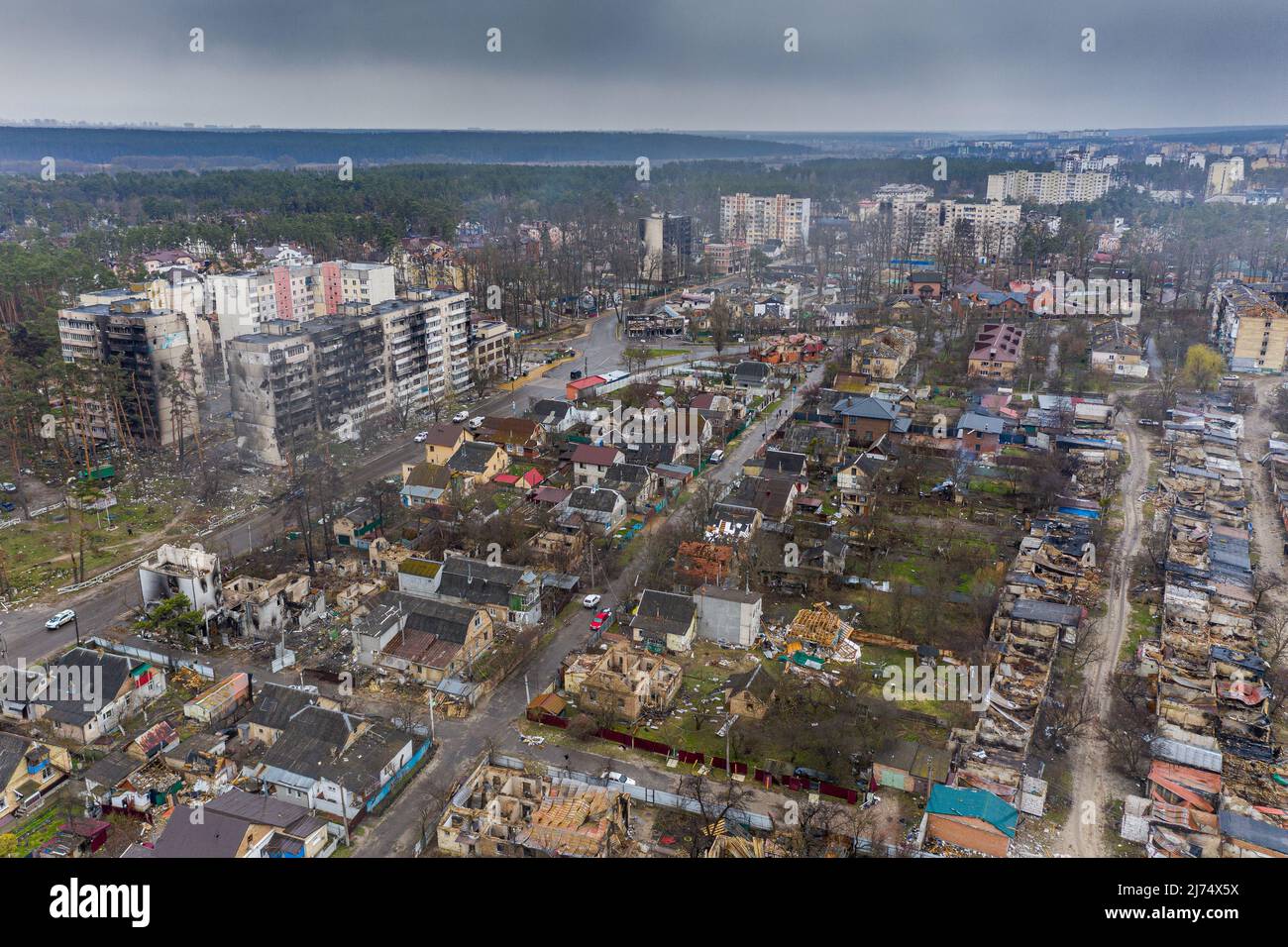 The aerial view of the destroyed and burnt buildings. The buildings ...