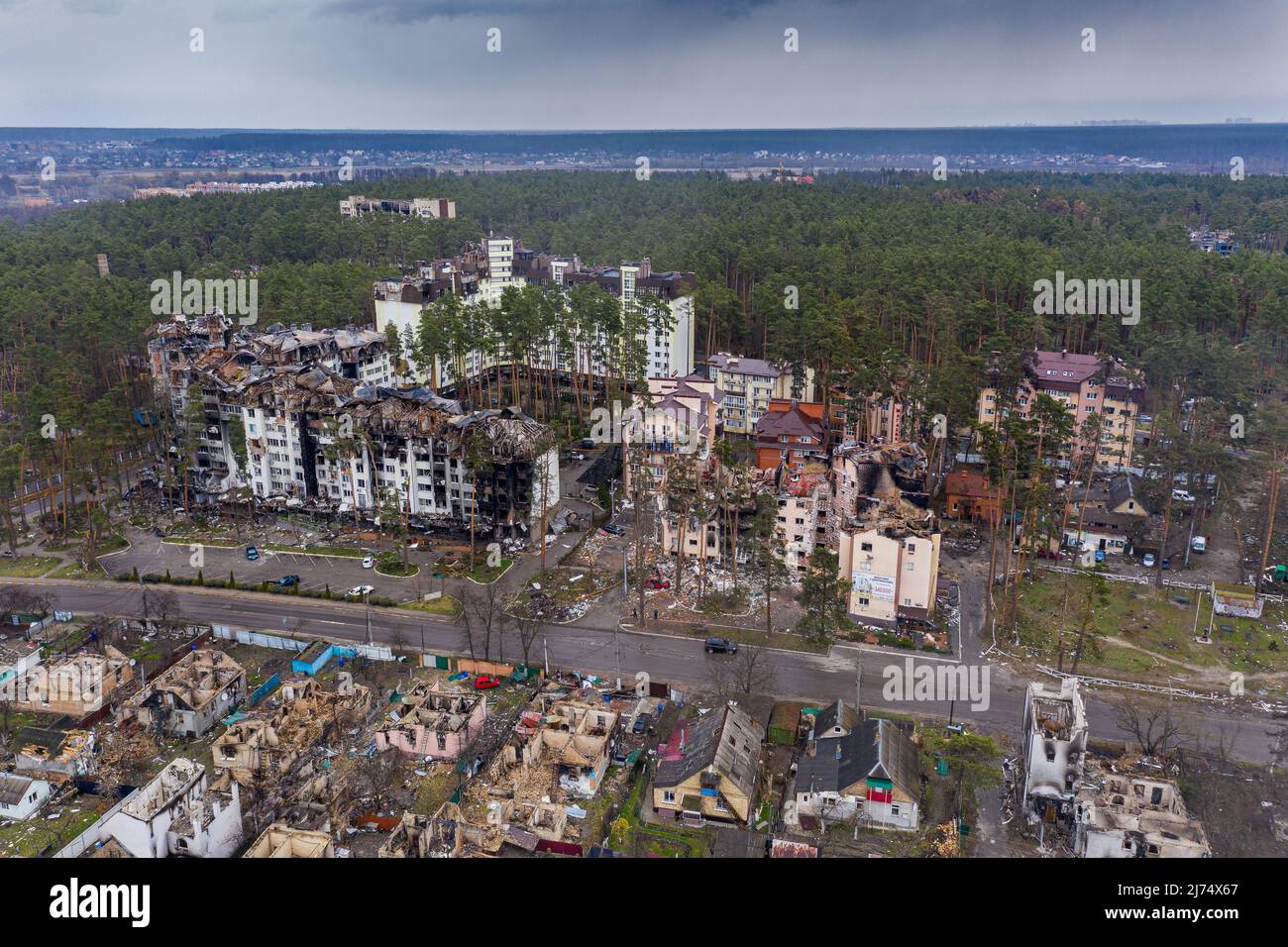 The aerial view of the destroyed and burnt buildings. The buildings ...