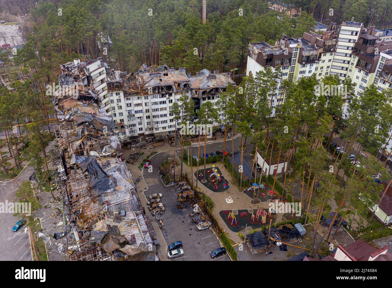 The aerial view of the destroyed and burnt buildings. The buildings ...