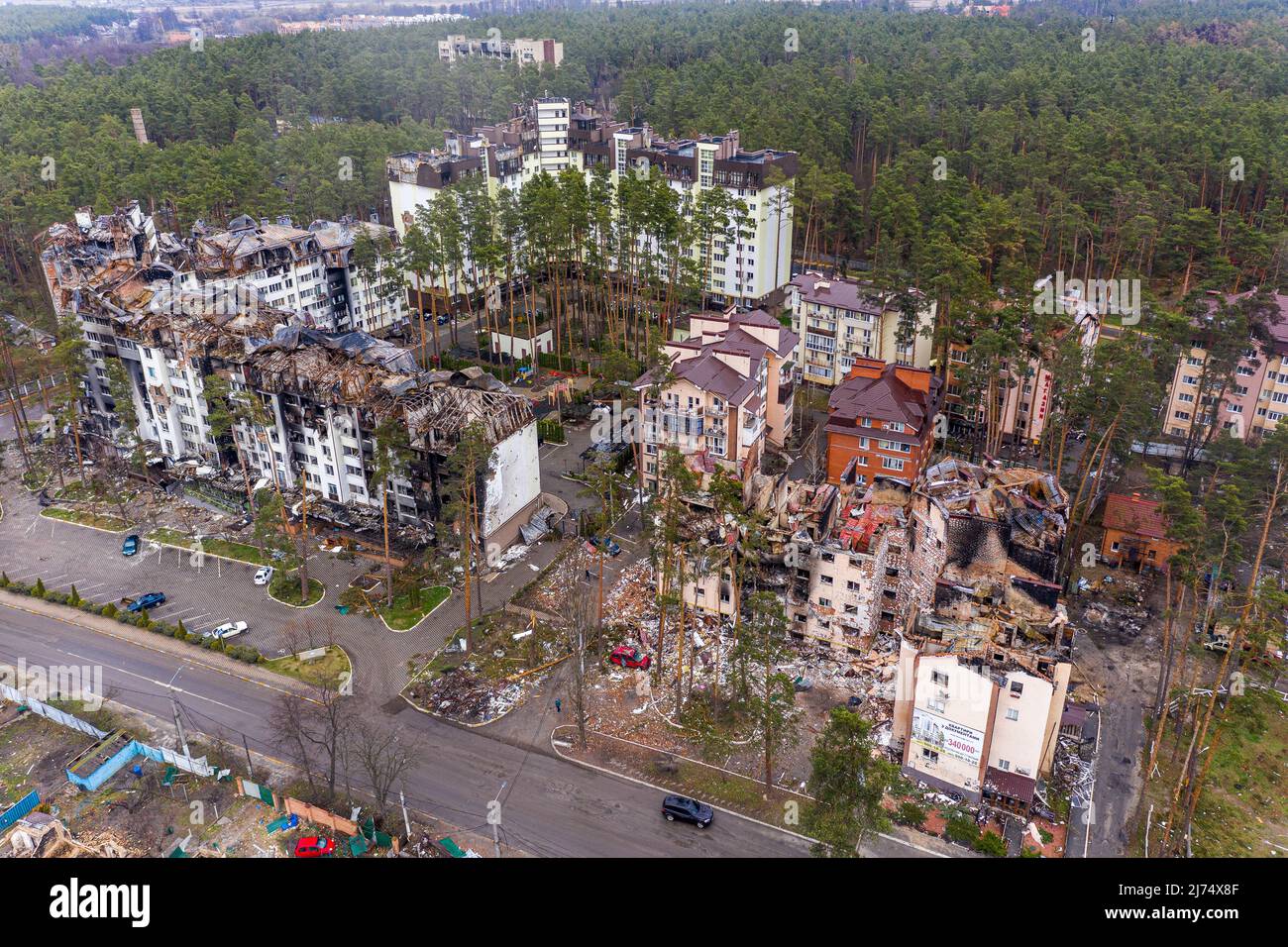 The aerial view of the destroyed and burnt buildings. The buildings ...