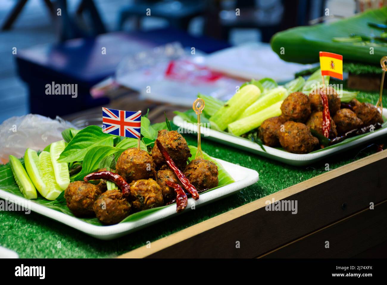 Deep fried spicy minced pork ball salad or Laab Moo Tod recipe with ...