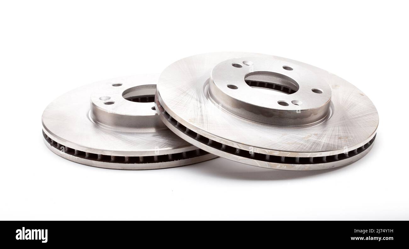 Studio shot of two front brake disks for a modern car isolated on a ...