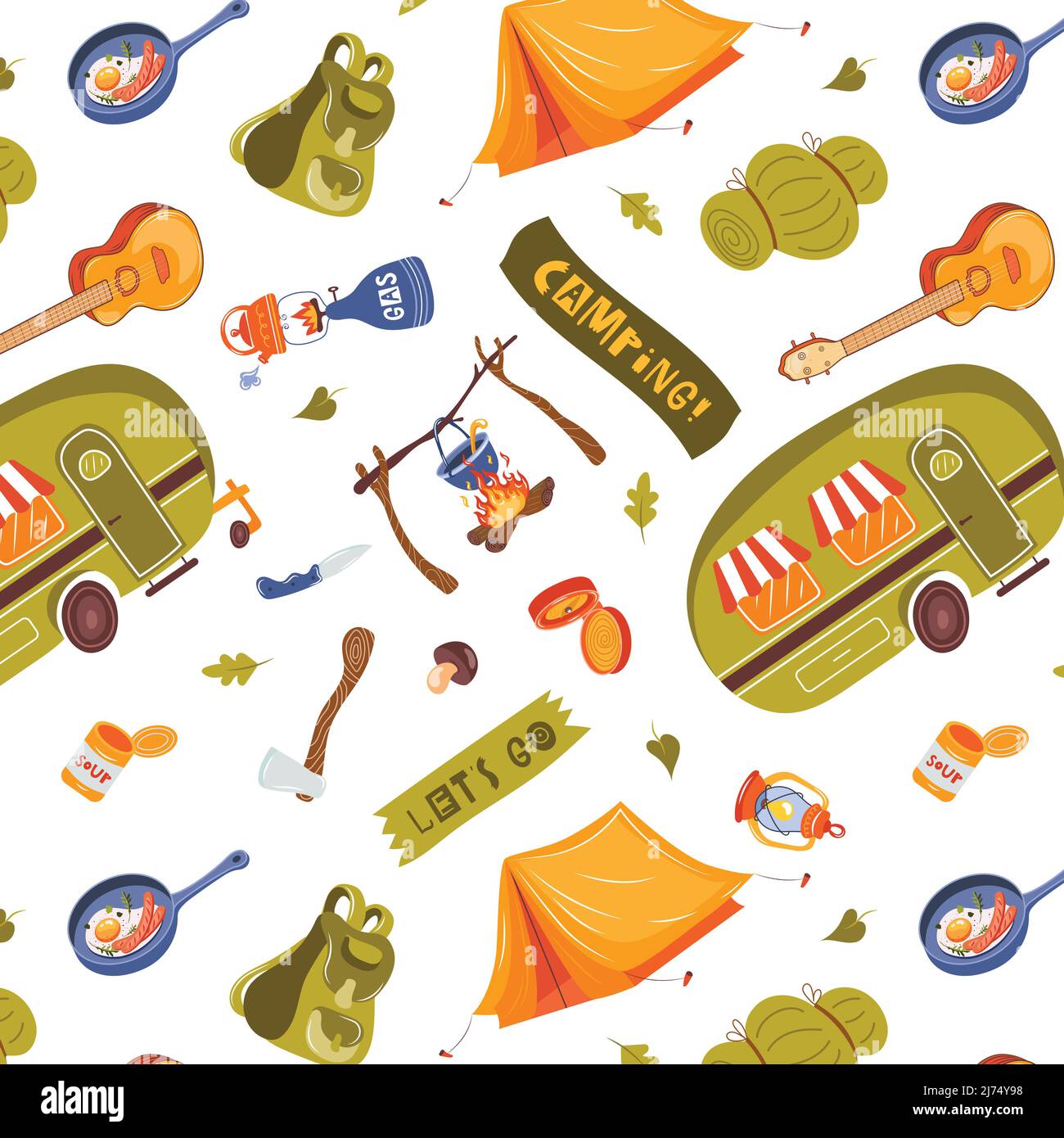 Summer camp colorful seamless pattern with rv trailer, camping tent ...