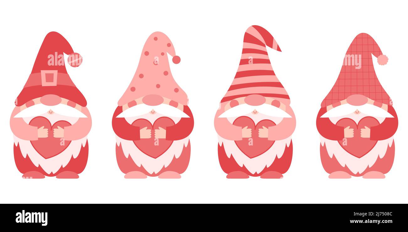 A set of little paunchy dwarfs in pink and red clothes and hats holding ...