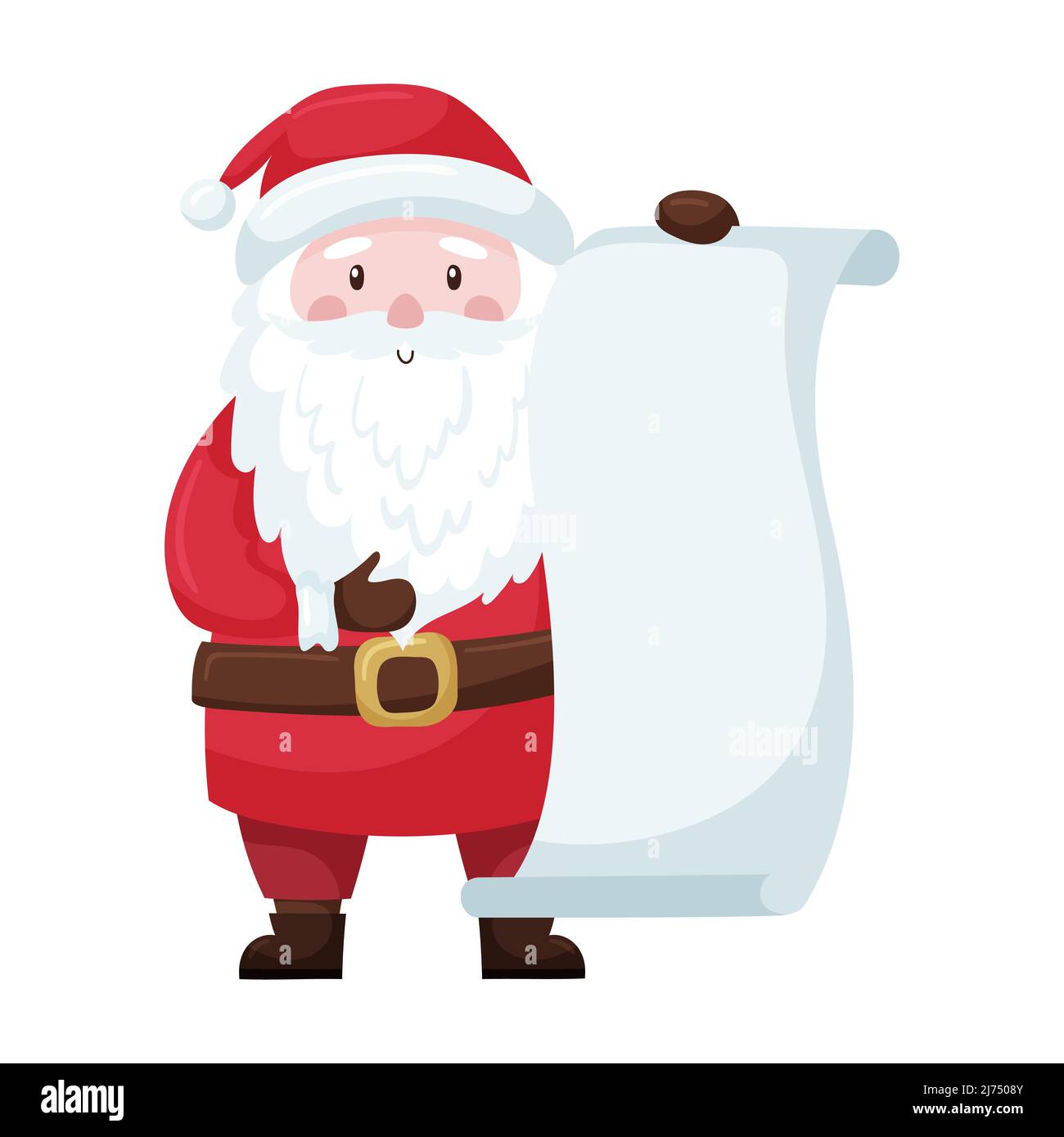 A cute cartoon Christmas Santa in a red suit and hat holds an unfolded ...