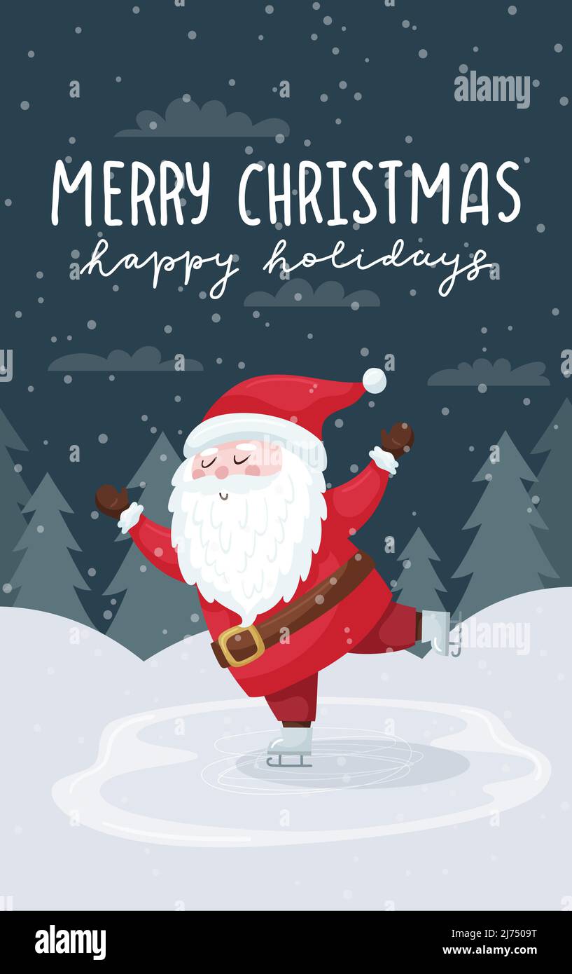 A postcard with a cute smiling Santa in a red hat skating on an ice ...