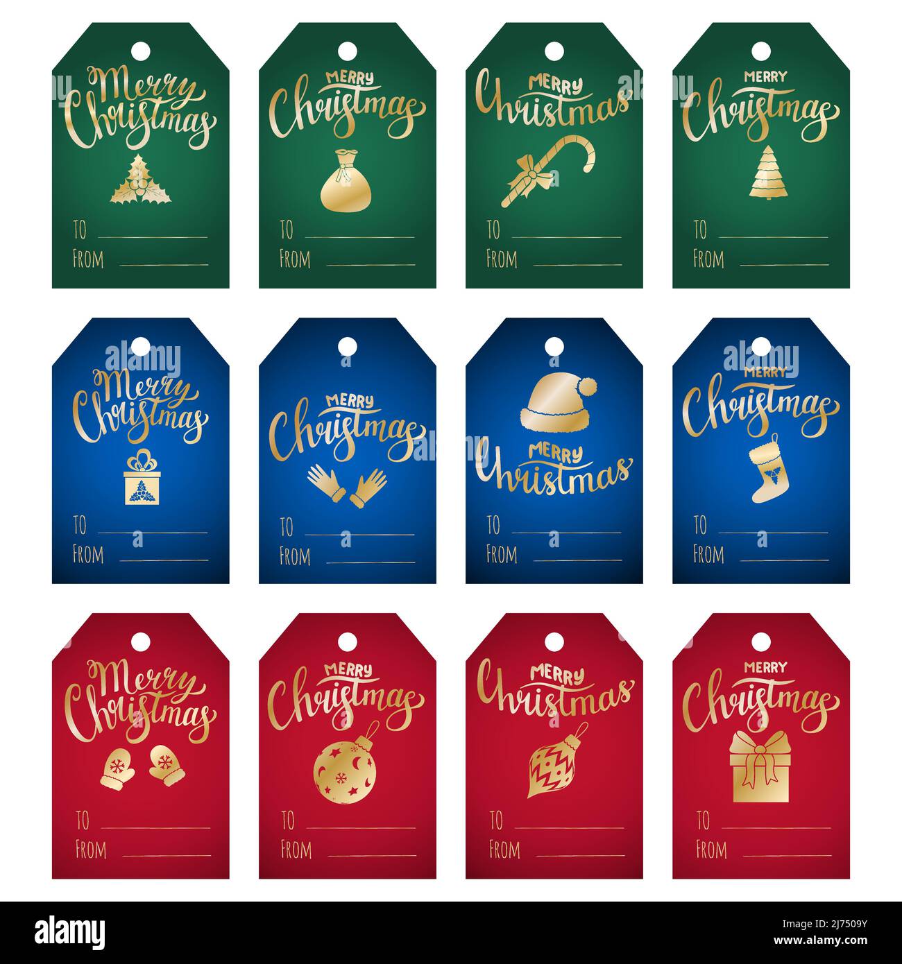 A set of gift tags for Christmas gifts. Golden gradient silhouettes of ...