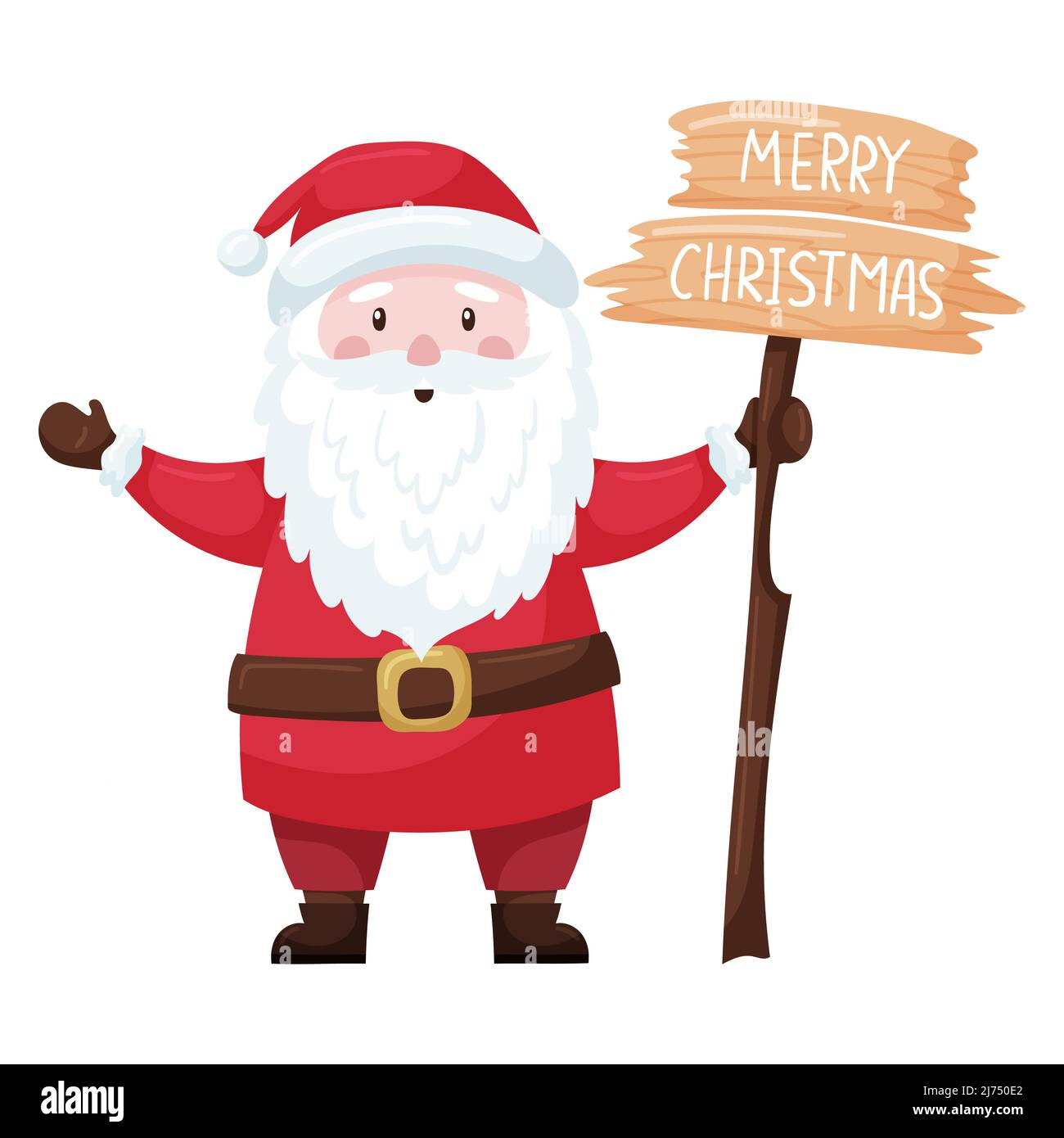 A cute cartoon Christmas Santa in a red suit and hat holds a wooden ...