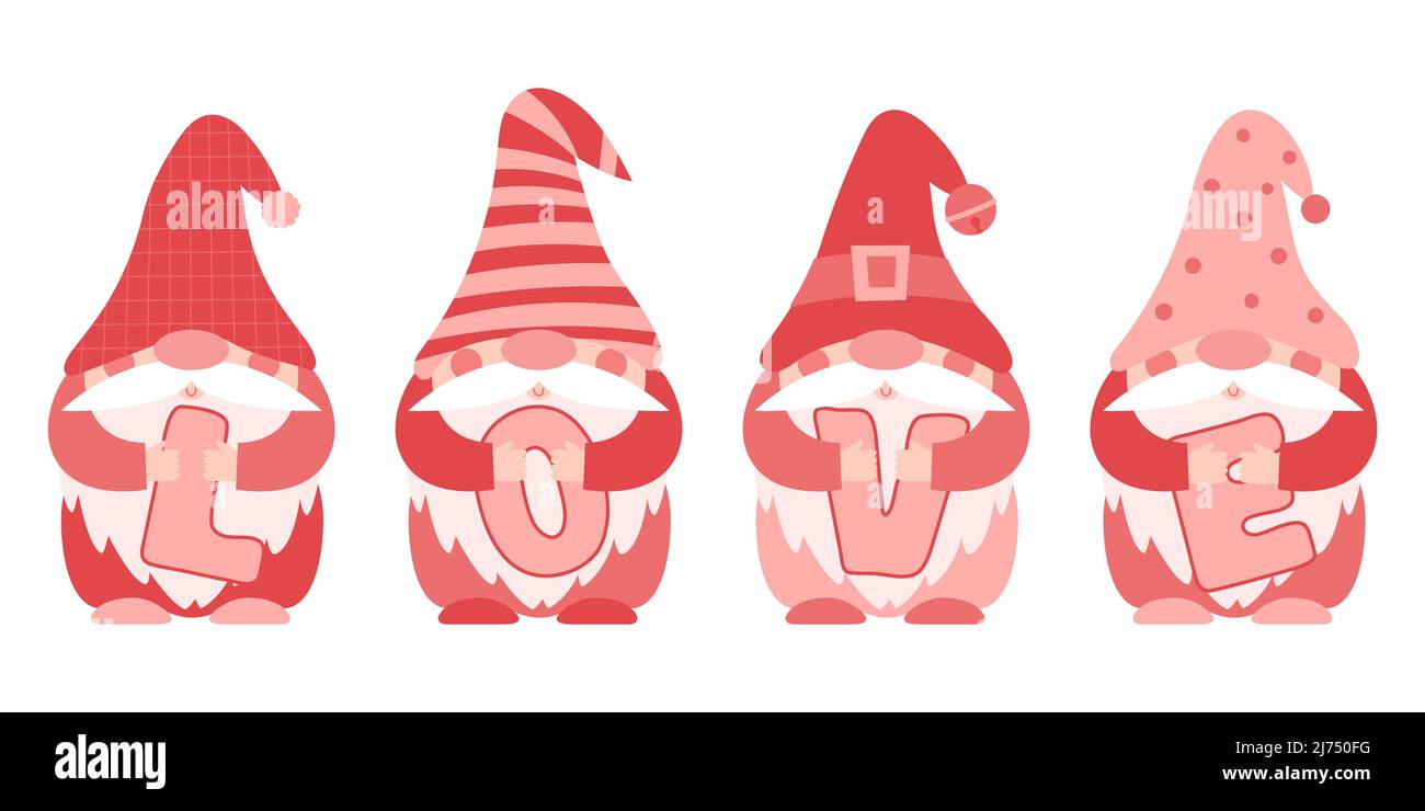 A set of little paunchy dwarfs in pink and red clothes and caps who ...