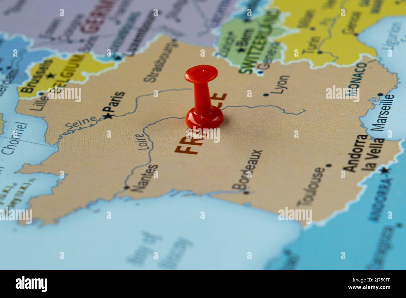 France location on a map with red thumbtack, travel idea, Paris and ...