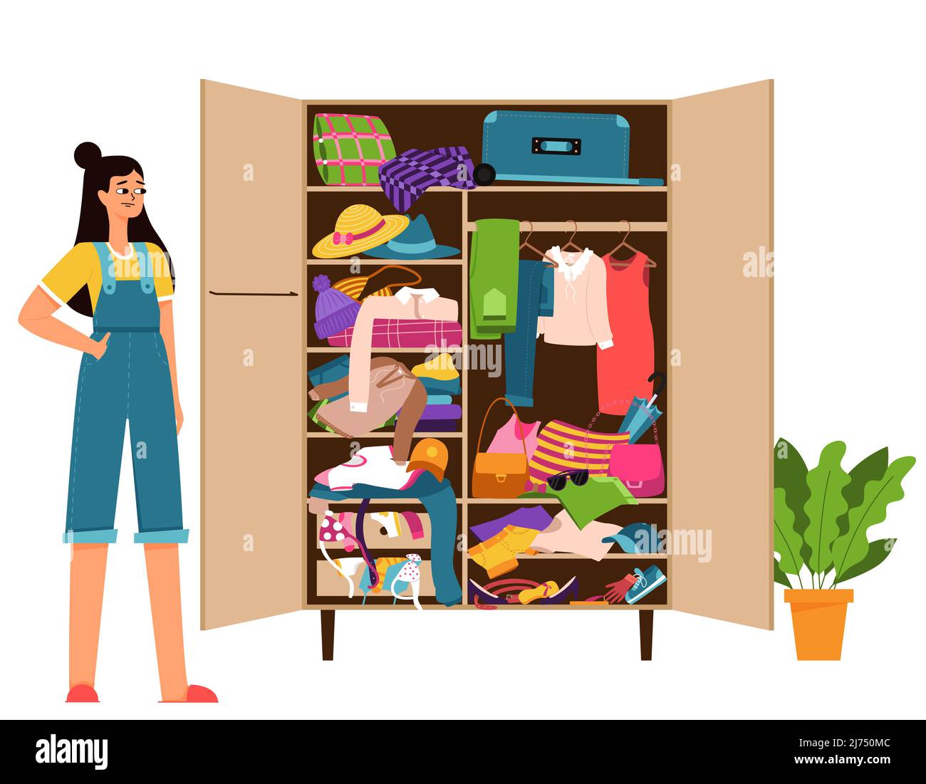 A girl in overalls and a closet from which clothes fall out. A mess, a ...