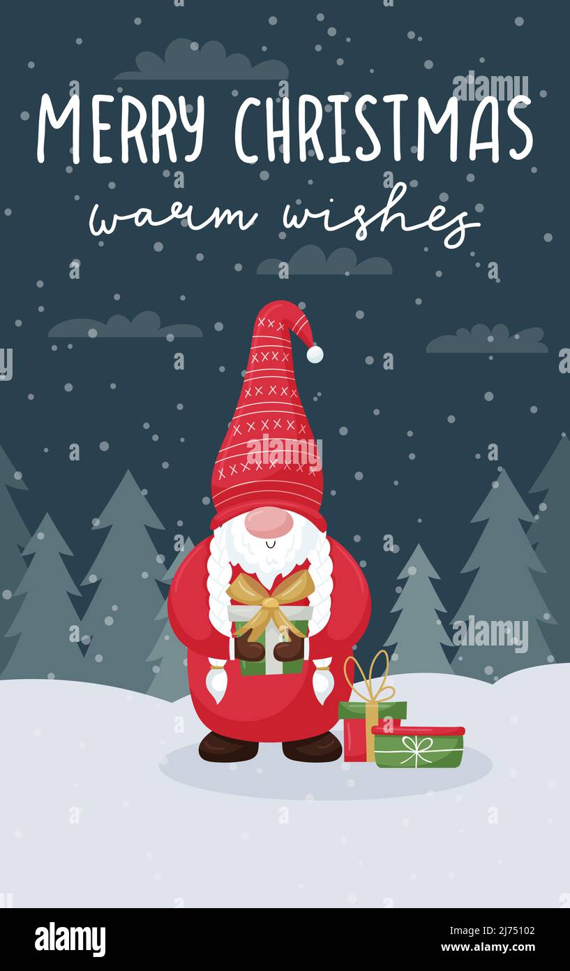 Vertical Christmas greeting card. A cute cartoon dwarf holds gift boxes ...