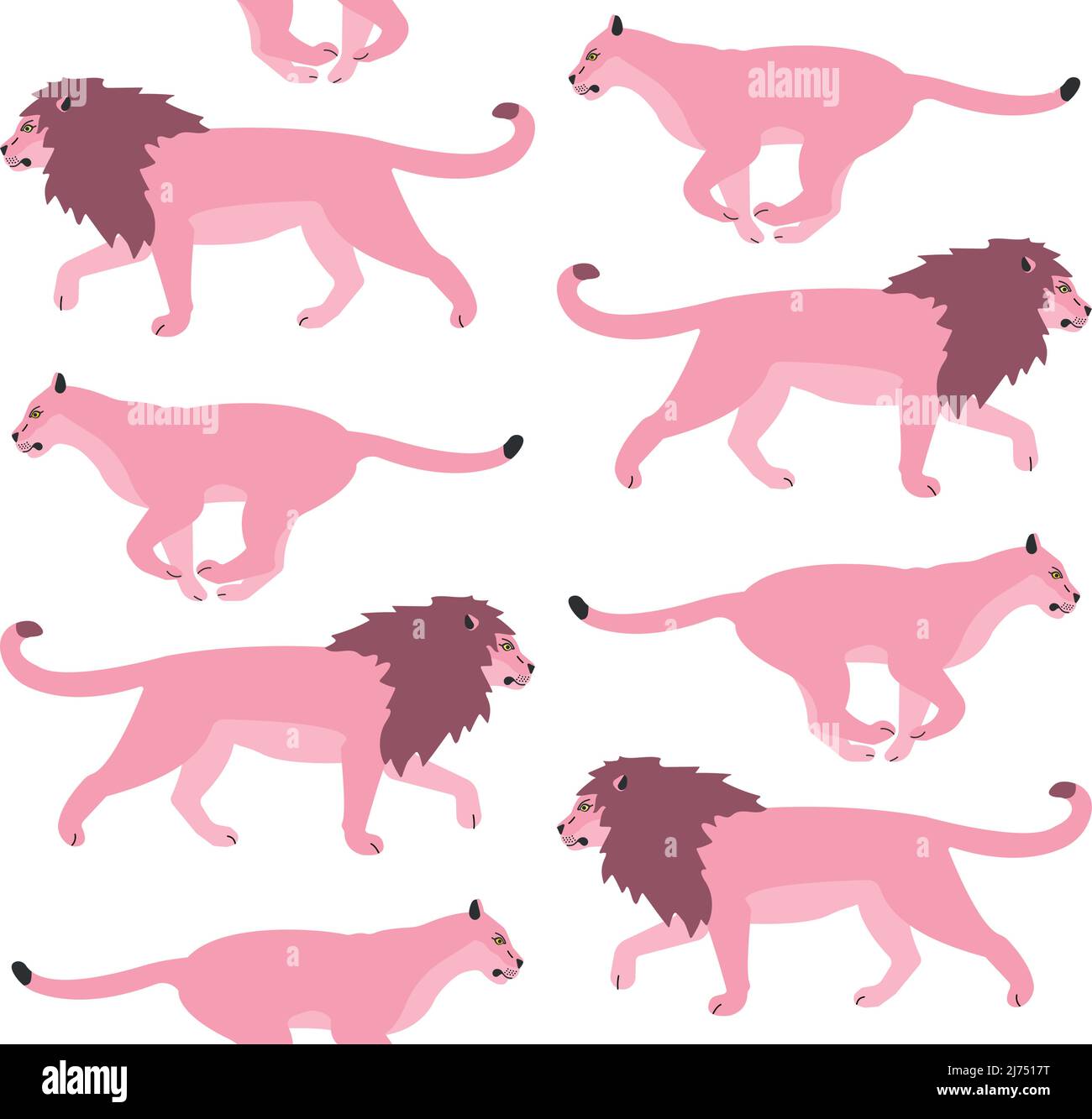Vector seamless pattern of flat pink lion and lioness isolated on white ...