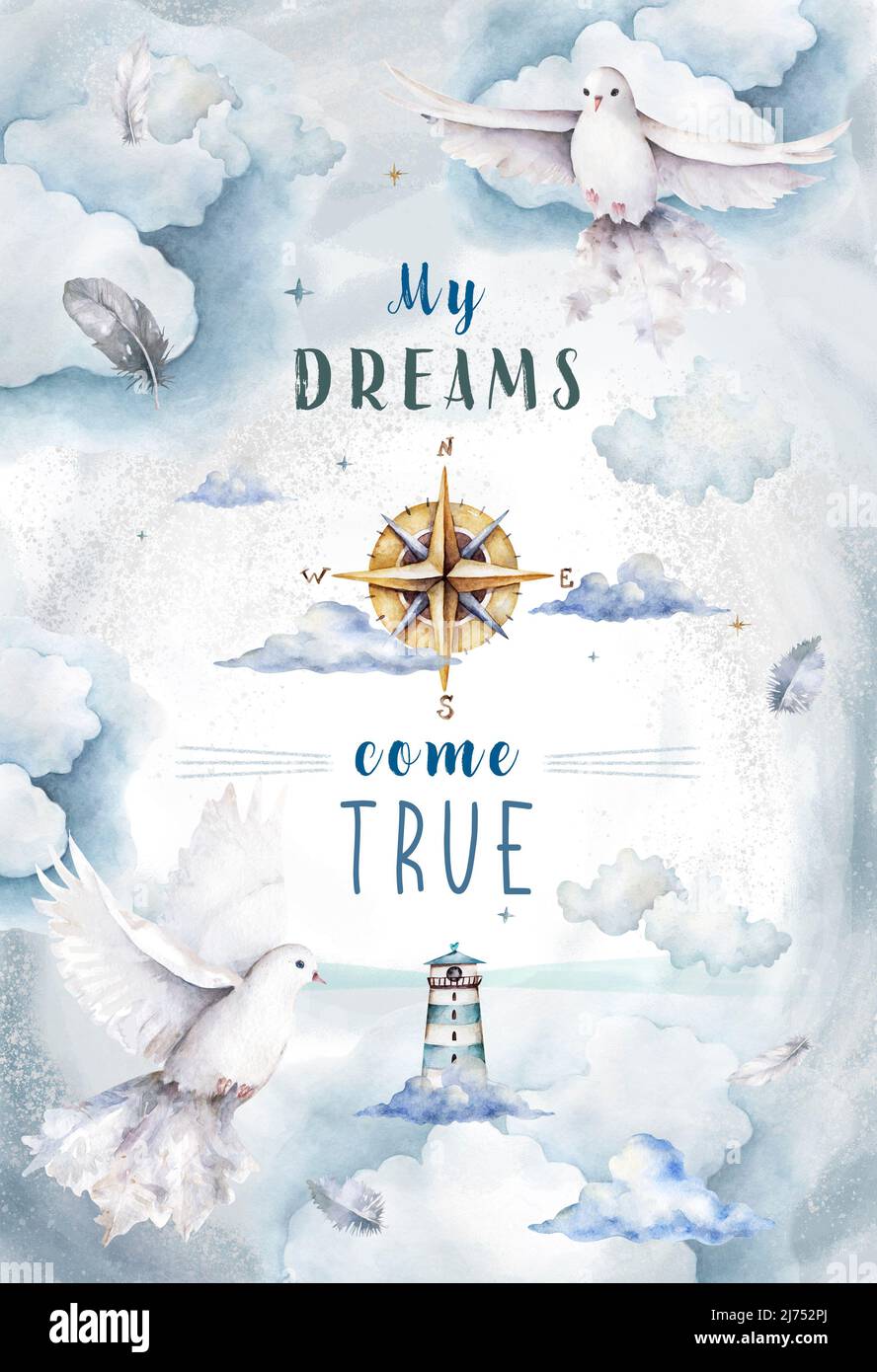 doves of hope, greeting card, watercolor, dreams, lighthouse, compass ...