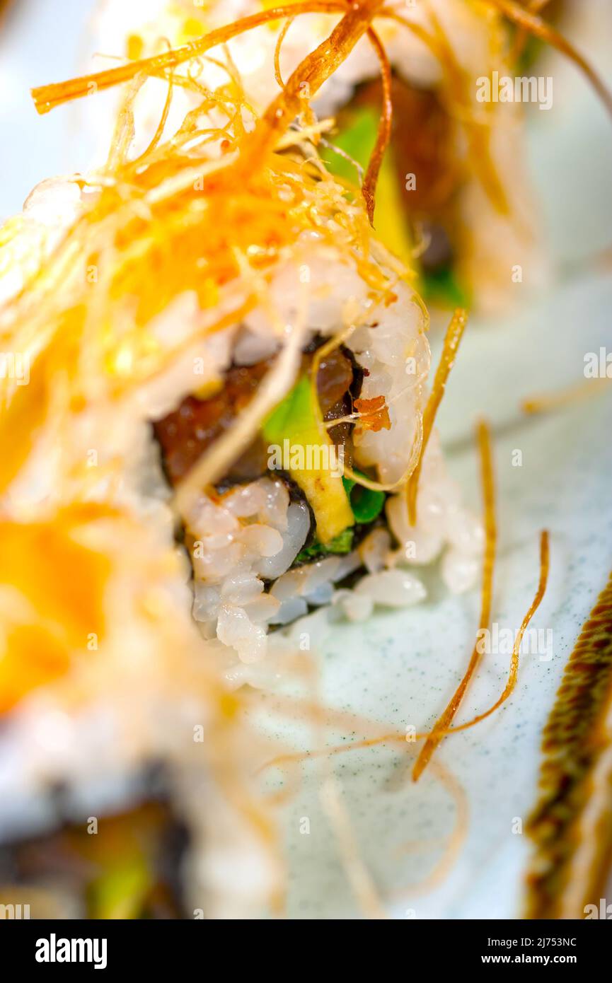 macro closeup of fresh sushi choice combination assortment selection ...