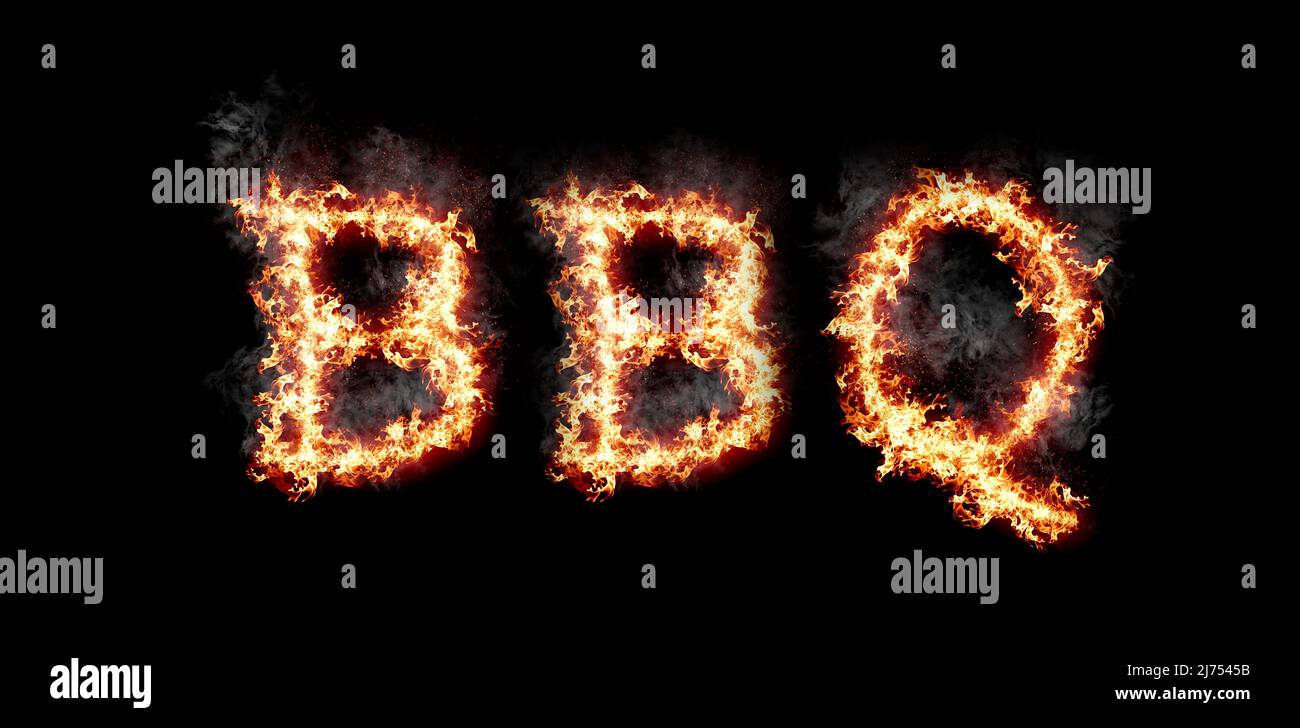 Word BBQ burning with fire and smoke, digital art isolated on black ...