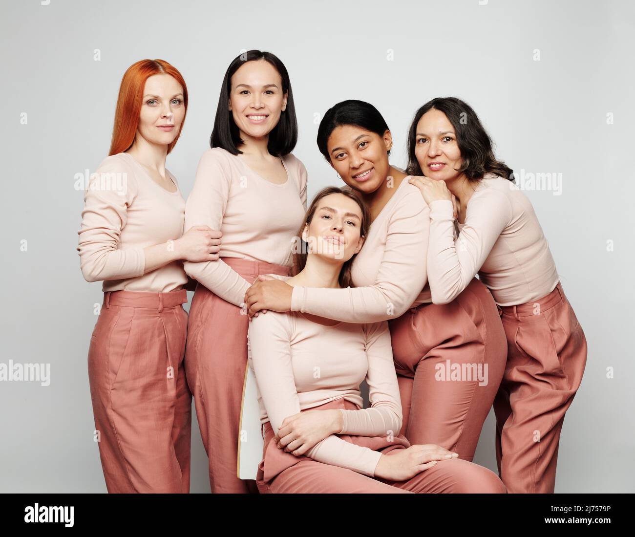 Group photo of diverse attractive real ladies with different skins ...