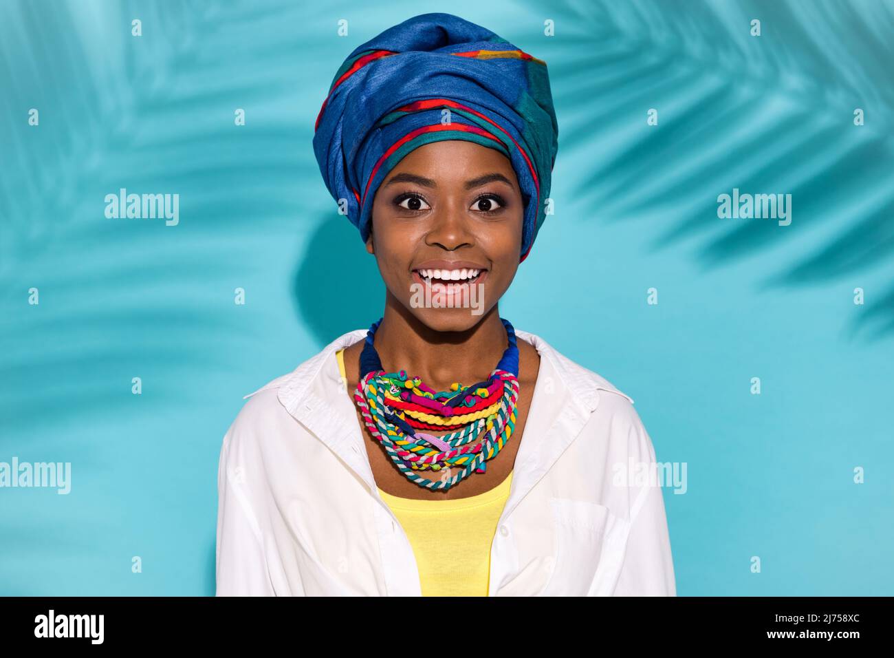 Photo of surprised lady wear kongo necklace impressed annual theme ...