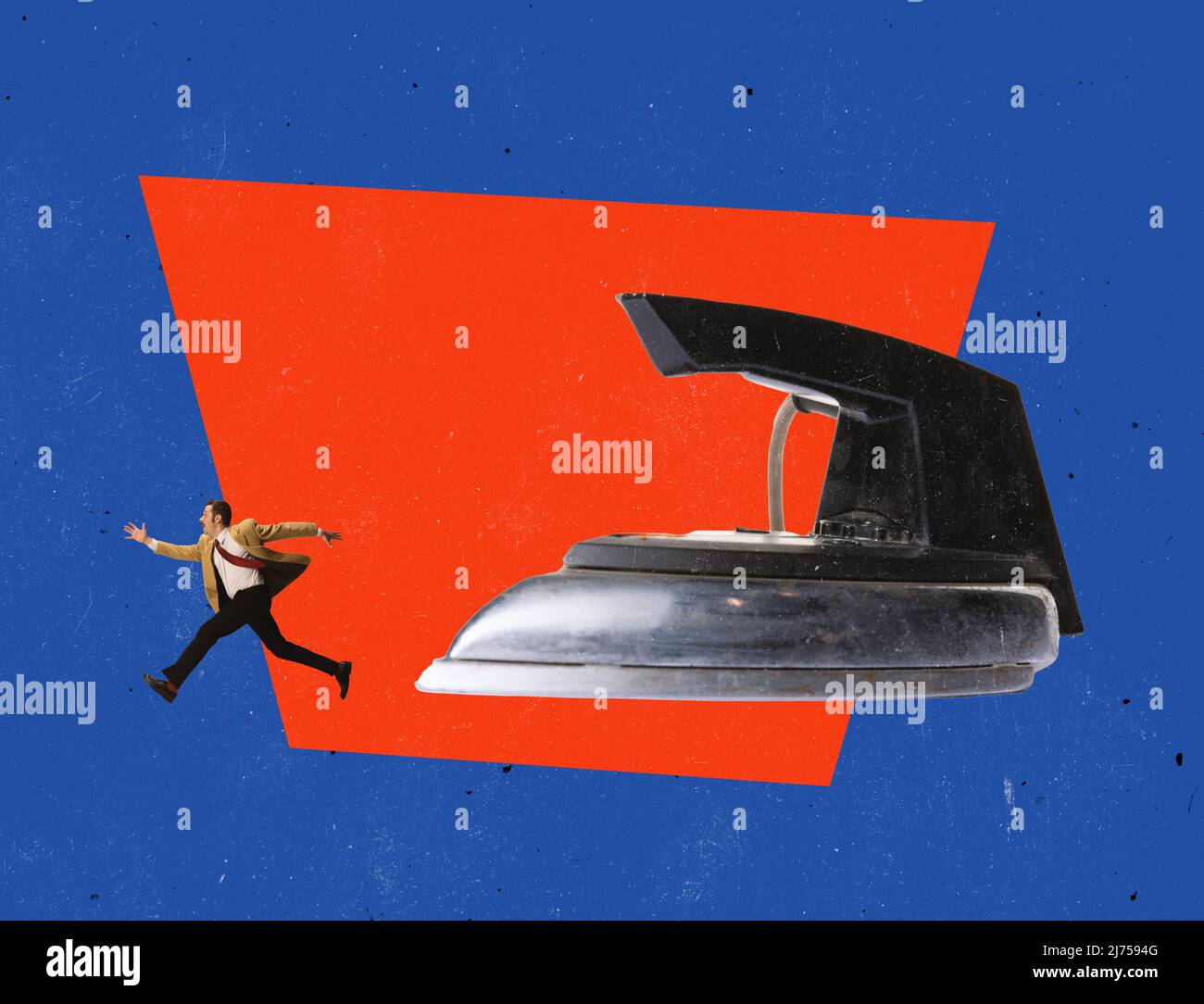 Contemporary art collage. Abstract image of man running away from retro ...