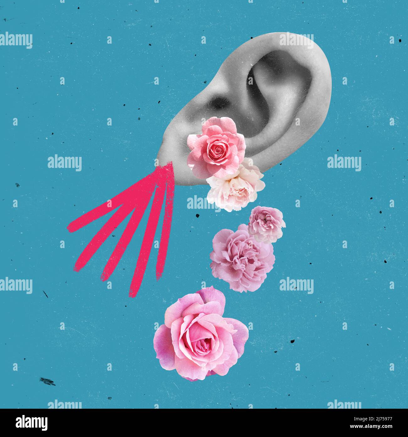 Contemporary art collage. Female ear with beautiful rose flowers and ...