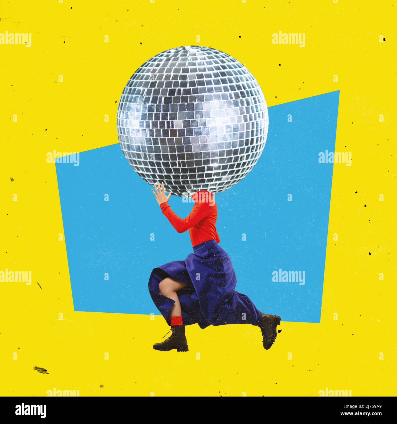 Contemporary art collage. Woman dancing with retro disco ball head ...