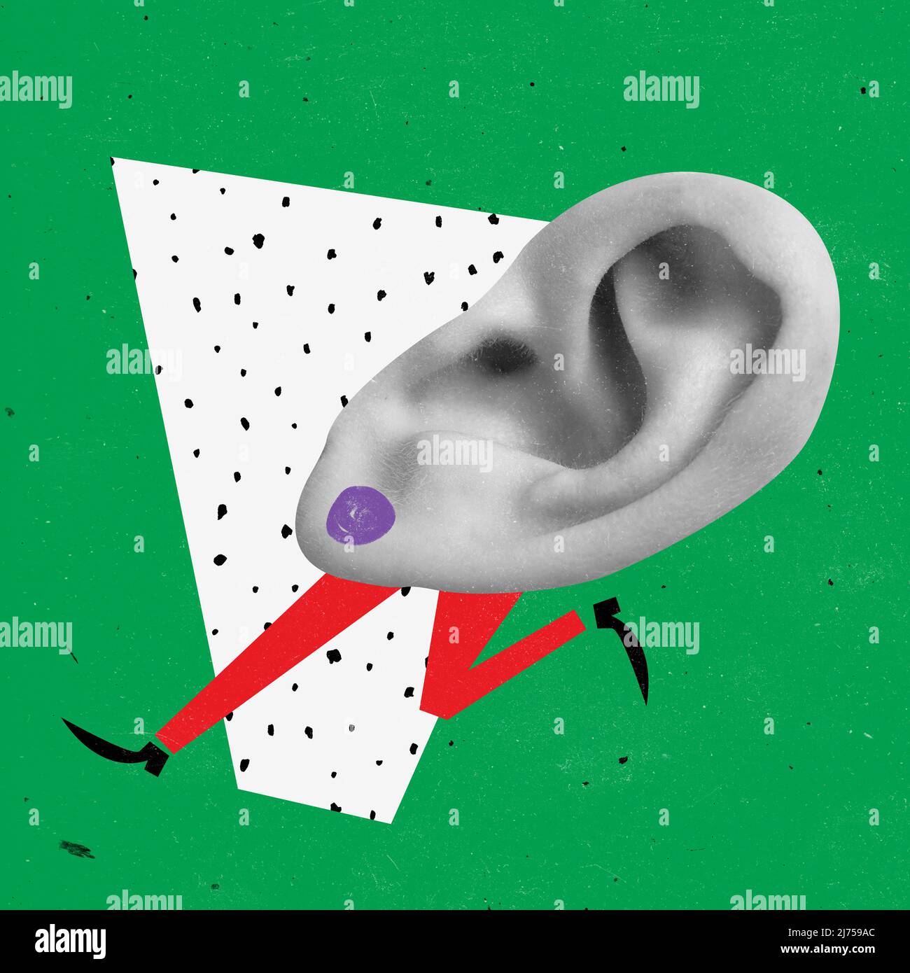 Contemporary art collage. Human ear running isolated over green ...