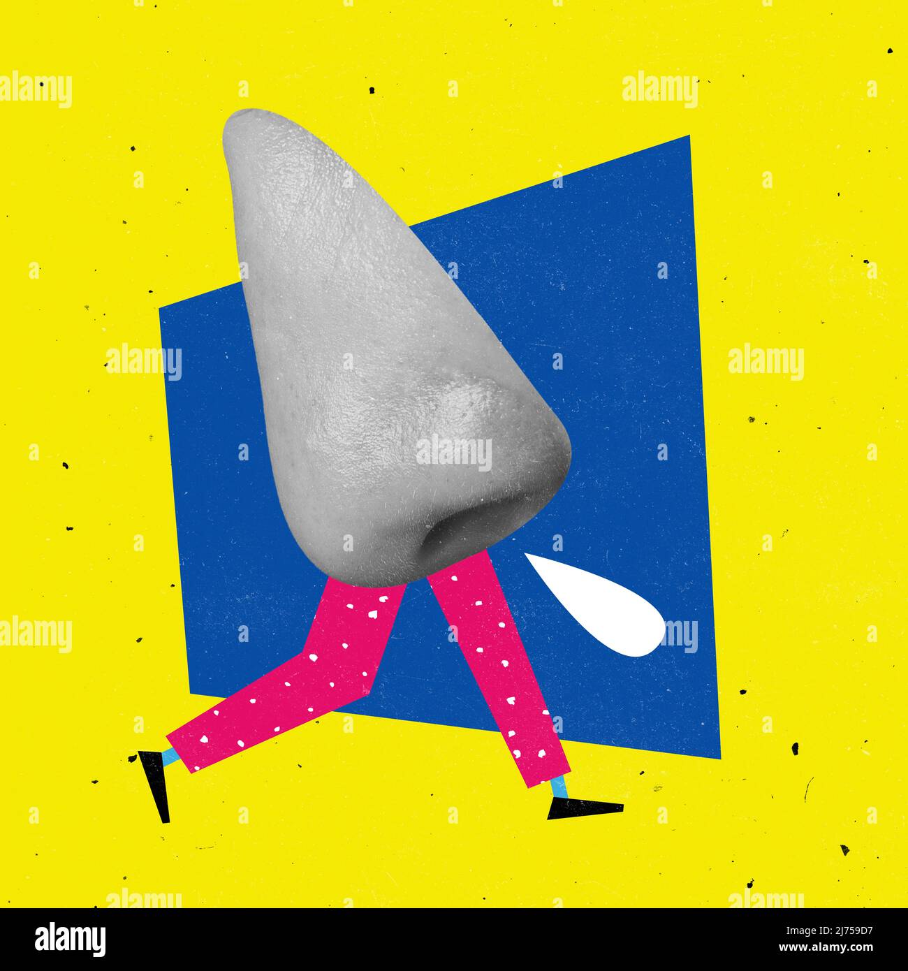 Contemporary art collage. Giant nose on drawn legs sneezing isolated ...